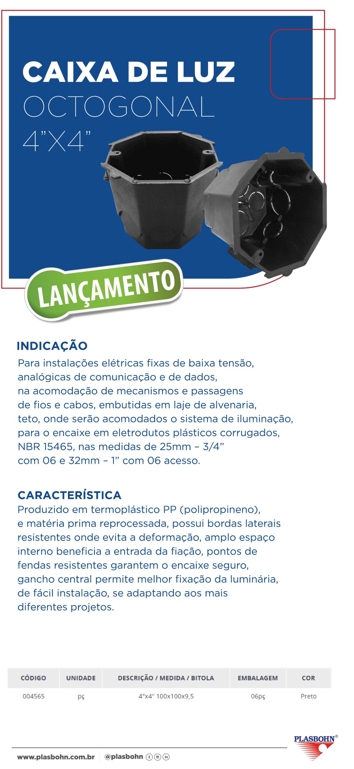Caixa de Luz Octogonal 4”x4” – Plasbohn – Plasbohn